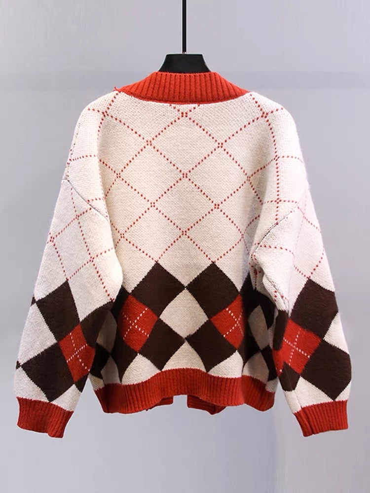 Retro college style rhombus sweater jacket women autumn and winter 202 ...