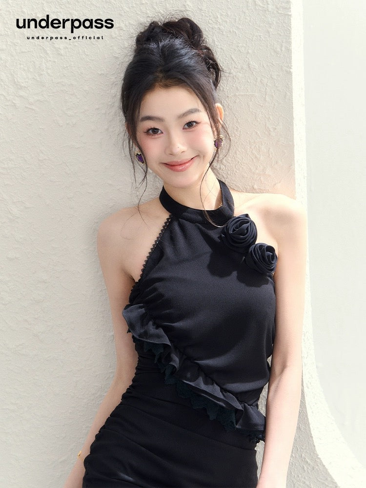 Underpass original niche design dinner-style black rose halter neck ri ...