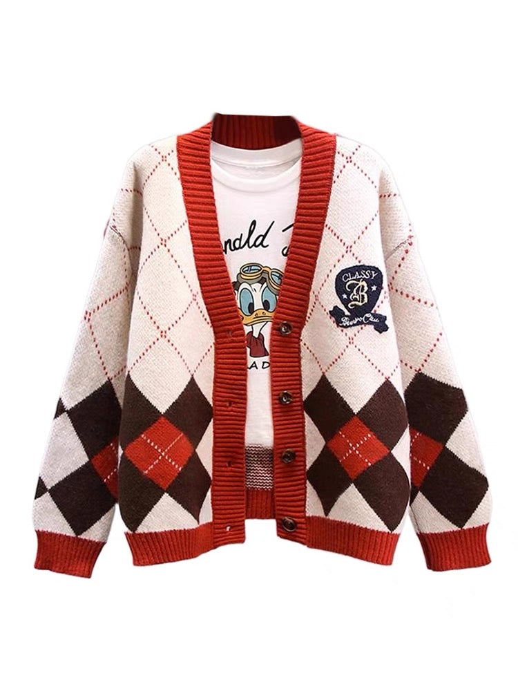 Retro college style rhombus sweater jacket women autumn and winter 202 ...