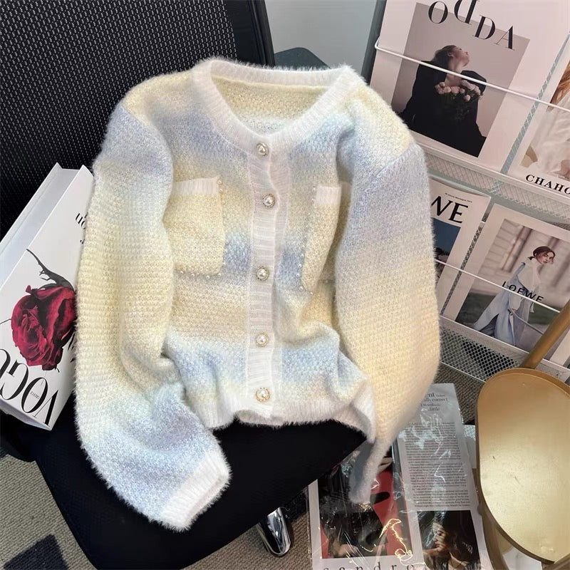 Autumn new gradient color loose long-sleeved knitted cardigan sweater ...
