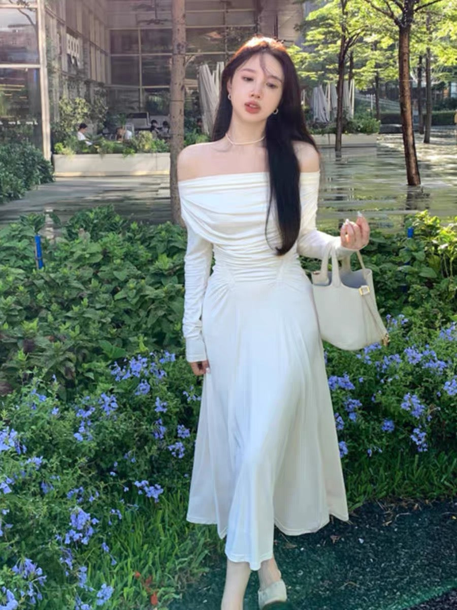 French socialite's pure lustful white one-shoulder autumn dress has a ...