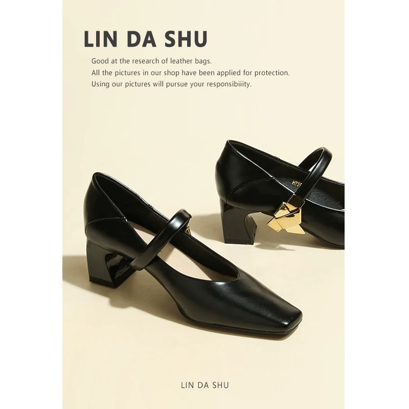 [Uncle Lin] One-line buckle thick heel Mary Jane shoes for women sprin ...