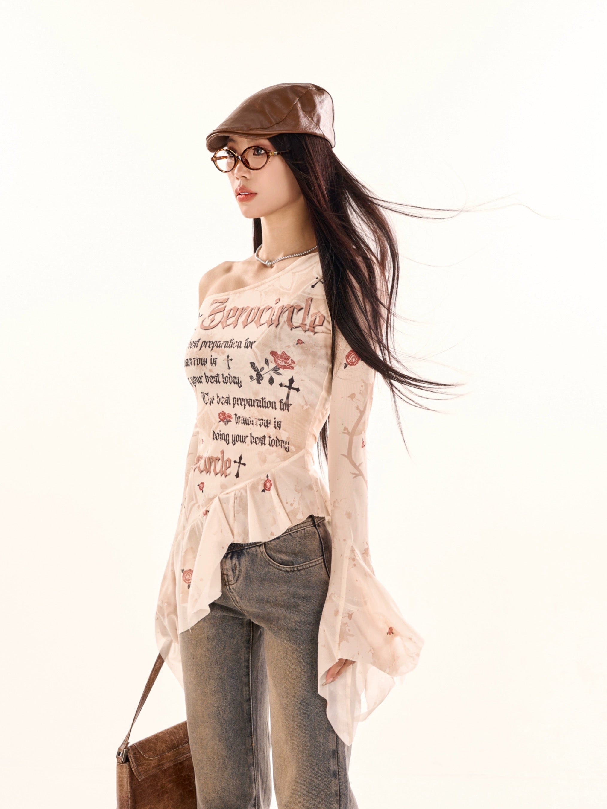 Wild zero mesh slanted shoulder top for women spring and summer long-s ...