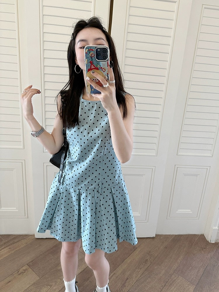 Jin Suyi blue and green cotton and linen polka dot dress for women 202 ...