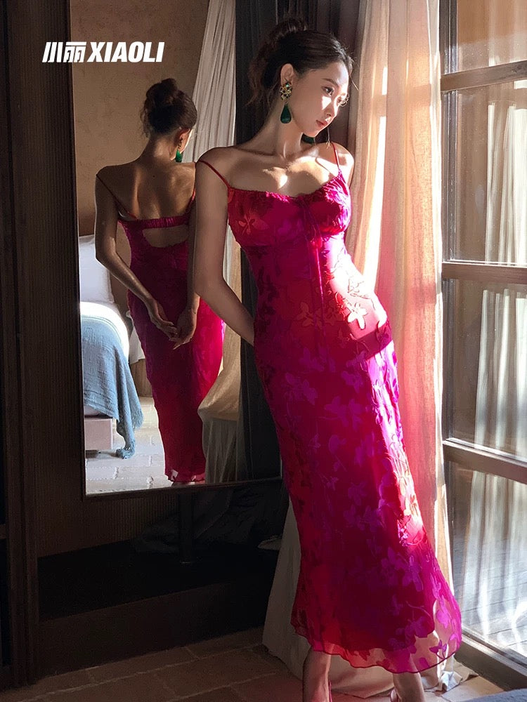 Xiaoli Begonia Rose Dream Floral Suspender Cover Hip Dress Long Skirt ...