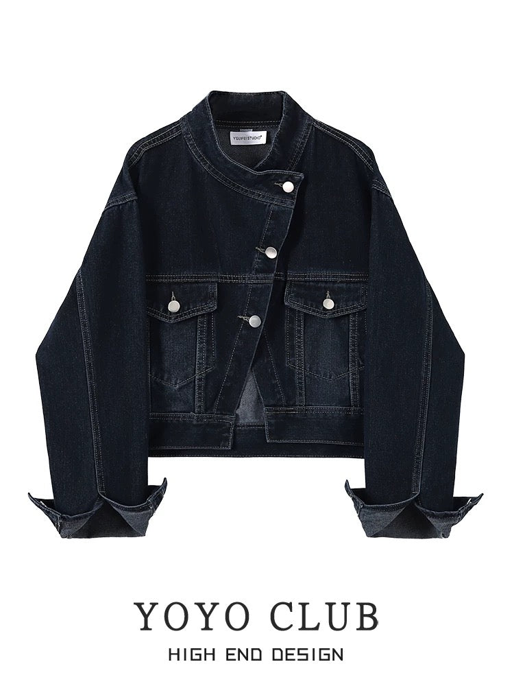 YOYO CLUB Hong Kong style retro short denim jacket autumn new design u ...