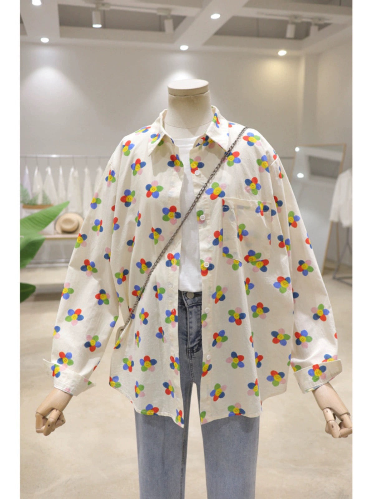 Full body smile flower print 2024 spring new loose slim cotton long-sl ...