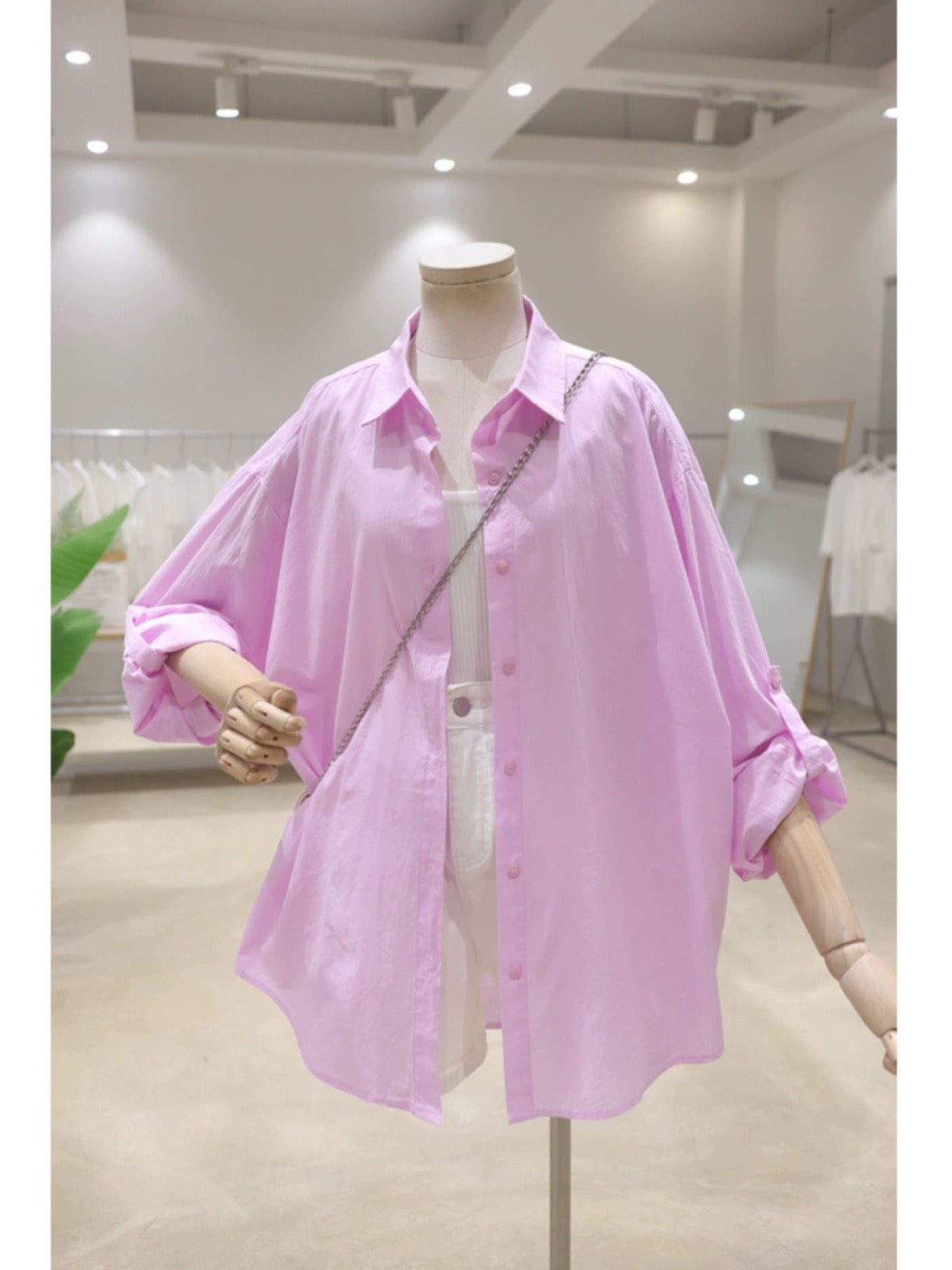 Rollable sleeves simple fresh color 2024 summer versatile loose mid-le ...