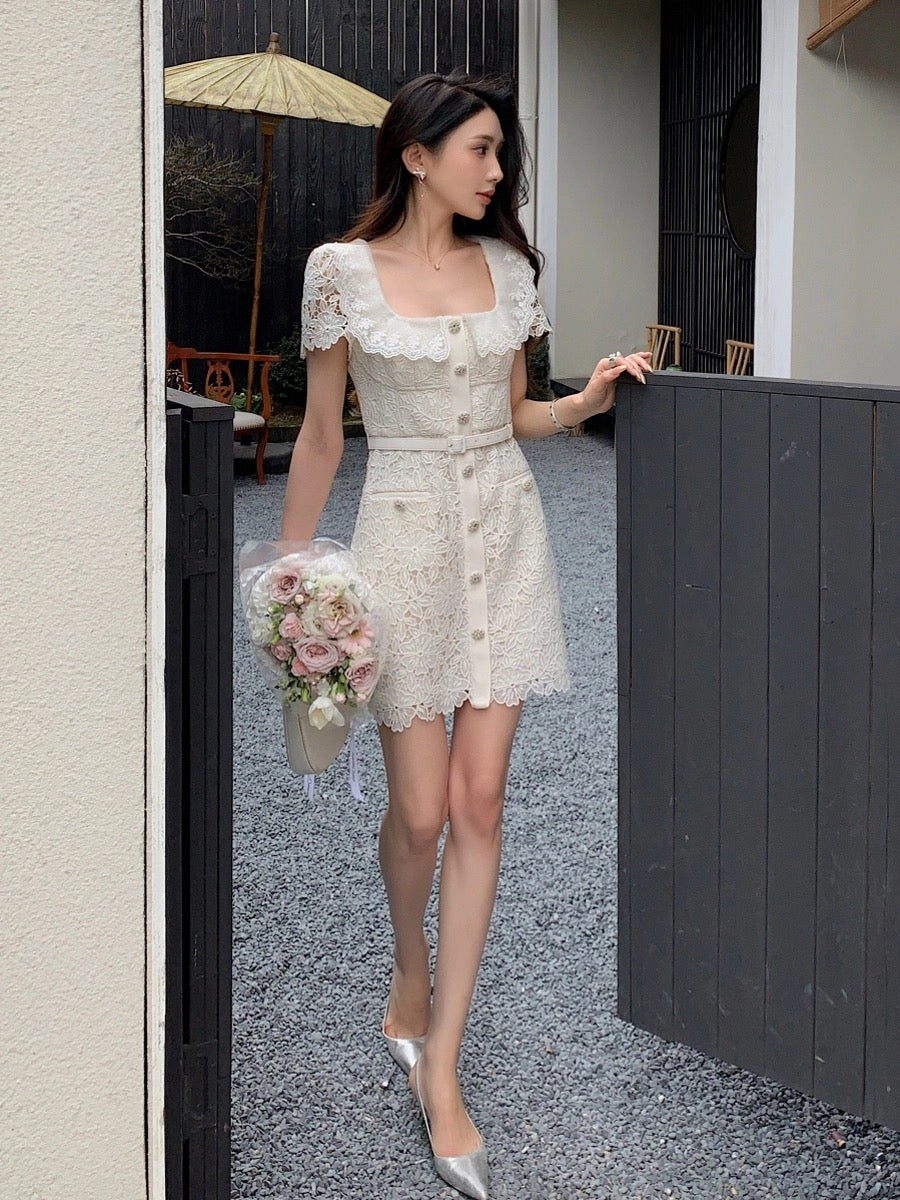 Off-white water-soluble lace sexy square neck short-sleeved waist dres ...