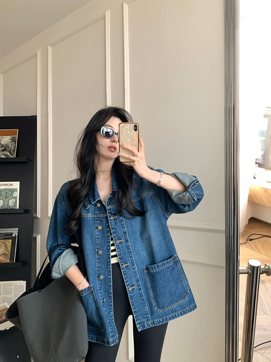 Xia Shiwen Flight Log Retro Simple Casual Loose Lapel Denim Jacket Wom ...