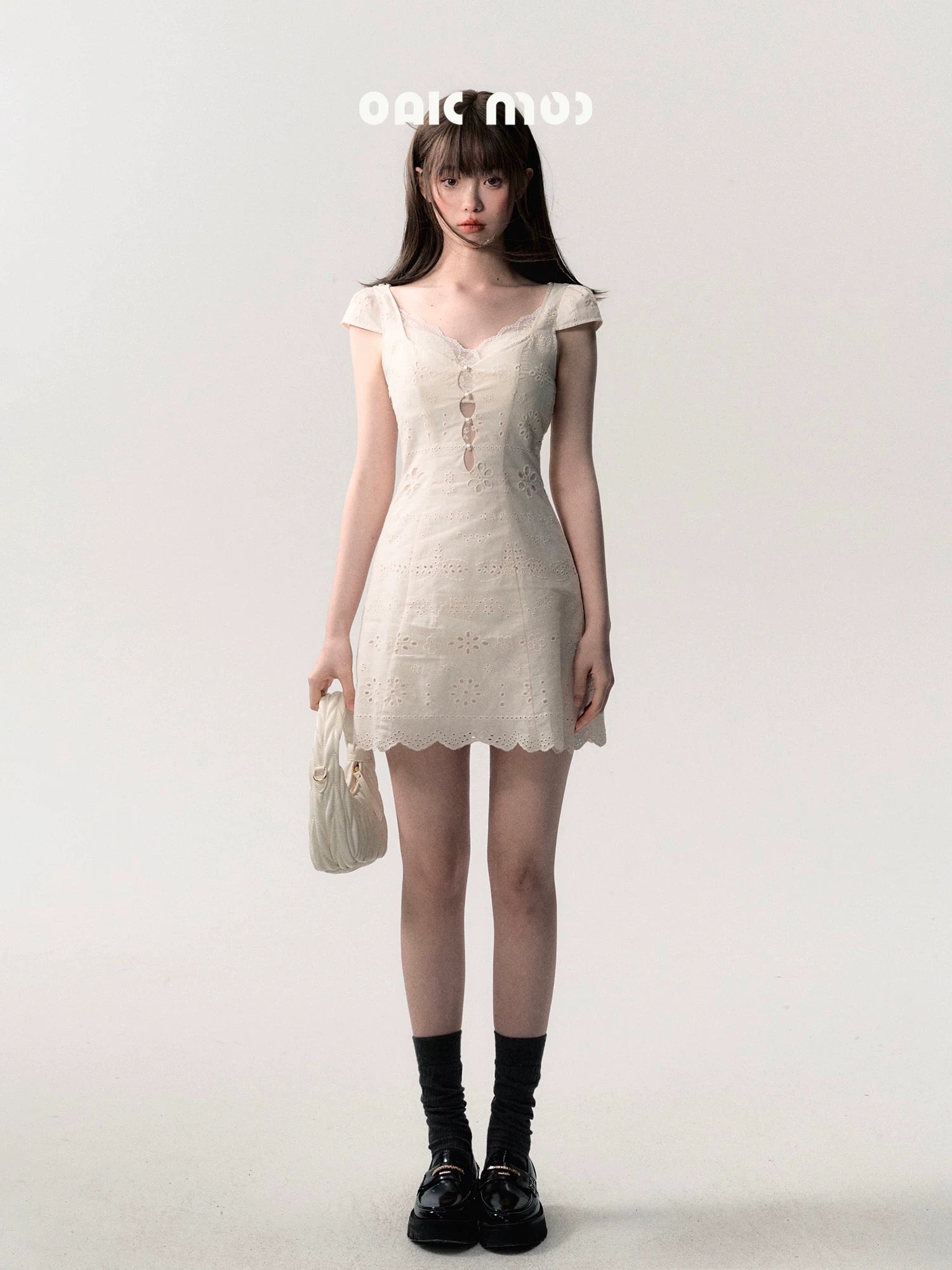 OAKMOO/ "Throbbing Time" cream white simple slim lace stitching dress ...